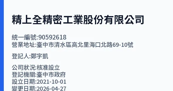 精上全精密工業股份有限公司的照片-統編 90592618(臺中市) 公司登記資料與營業項目詳細圖表