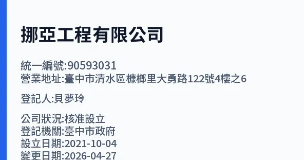 挪亞工程有限公司的照片-統編 90593031(臺中市) 公司登記資料與營業項目詳細圖表