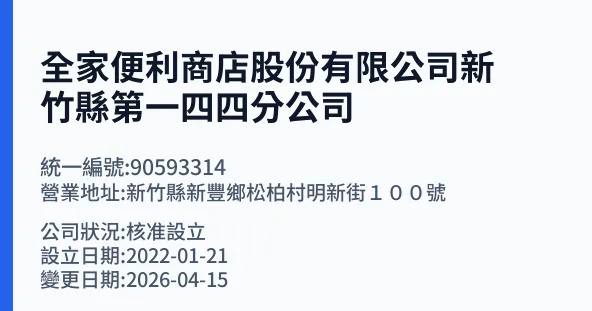 全家便利商店股份有限公司新竹縣第一四四分公司的照片-統編 90593314(新竹縣) 公司登記資料與營業項目詳細圖表