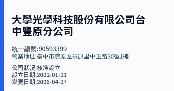 大學光學科技股份有限公司台中豐原分公司的照片-統編 90593399(臺中市) 公司登記資料與營業項目詳細圖表