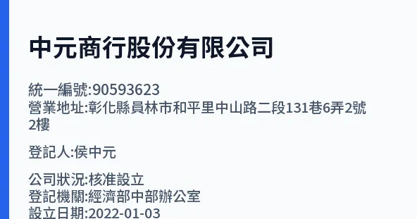 中元商行股份有限公司的照片-統編 90593623(彰化縣) 公司登記資料與營業項目詳細圖表