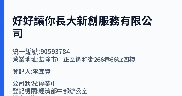 好好讓你長大新創服務有限公司的照片-統編 90593784(基隆市) 公司登記資料與營業項目詳細圖表