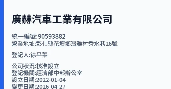 廣赫汽車工業有限公司的照片-統編 90593882(彰化縣) 公司登記資料與營業項目詳細圖表
