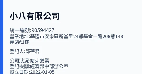 小八有限公司的照片-統編 90594427(基隆市) 公司登記資料與營業項目詳細圖表
