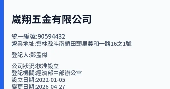 崴翔五金有限公司的照片-統編 90594432(雲林縣) 公司登記資料與營業項目詳細圖表