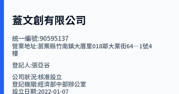 蓋文創有限公司的照片-統編 90595137(苗栗縣) 公司登記資料與營業項目詳細圖表