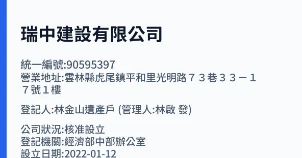 瑞中建設有限公司的照片-統編 90595397(雲林縣) 公司登記資料與營業項目詳細圖表