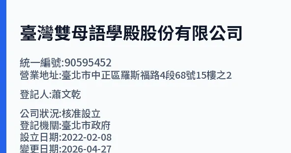 臺灣雙母語學殿股份有限公司的照片-統編 90595452(臺北市) 公司登記資料與營業項目詳細圖表