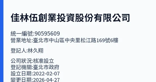 佳林伍創業投資股份有限公司的照片-統編 90595609(臺北市) 公司登記資料與營業項目詳細圖表