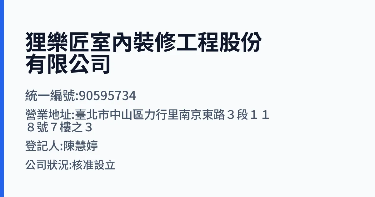 狸樂匠室內裝修工程股份有限公司 - 統編 90595734(臺北市) 公司登記資料與營業項目詳細圖表