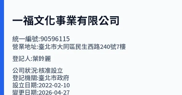 一福文化事業有限公司的照片-統編 90596115(臺北市) 公司登記資料與營業項目詳細圖表