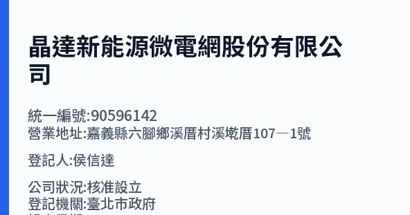 晶達新能源微電網股份有限公司的照片-統編 90596142(嘉義縣) 公司登記資料與營業項目詳細圖表