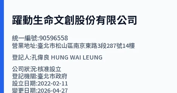 躍動生命文創股份有限公司的照片-統編 90596558(臺北市) 公司登記資料與營業項目詳細圖表