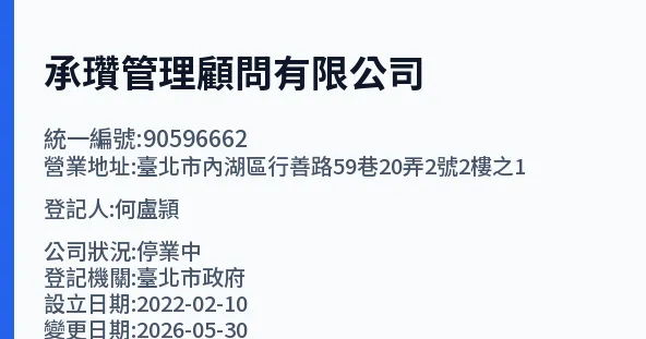 承瓚管理顧問有限公司的照片-統編 90596662(臺北市) 公司登記資料與營業項目詳細圖表