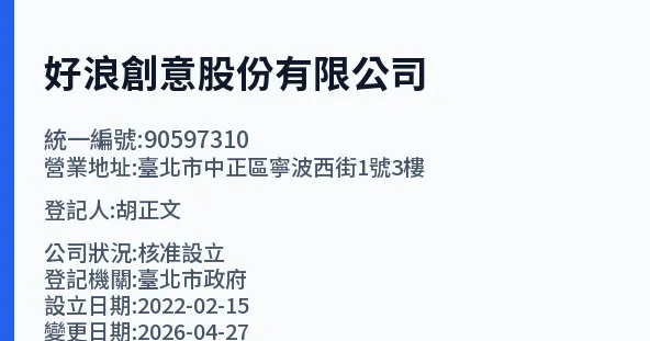 好浪創意股份有限公司的照片-統編 90597310(臺北市) 公司登記資料與營業項目詳細圖表