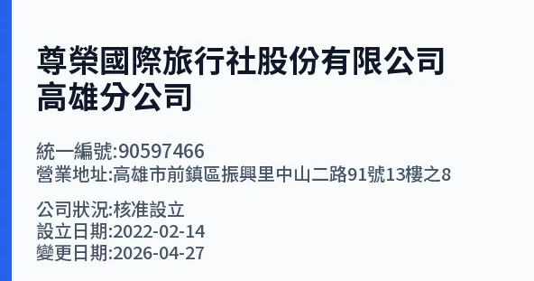 尊榮國際旅行社股份有限公司高雄分公司的照片-統編 90597466(高雄市) 公司登記資料與營業項目詳細圖表