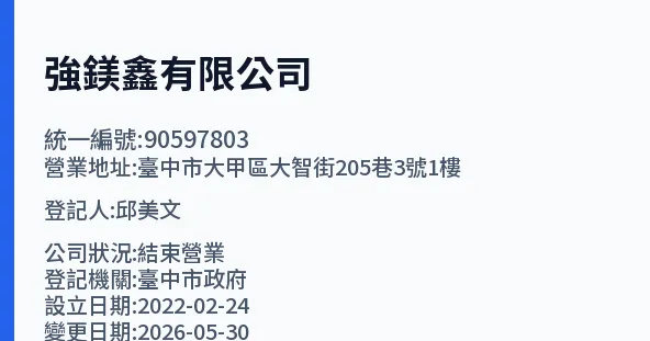 強鎂鑫有限公司的照片-統編 90597803(臺中市) 公司登記資料與營業項目詳細圖表