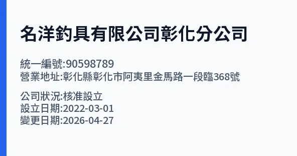 名洋釣具有限公司彰化分公司的照片-統編 90598789(彰化縣) 公司登記資料與營業項目詳細圖表