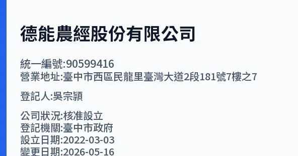 德能農經股份有限公司的照片-統編 90599416(臺中市) 公司登記資料與營業項目詳細圖表