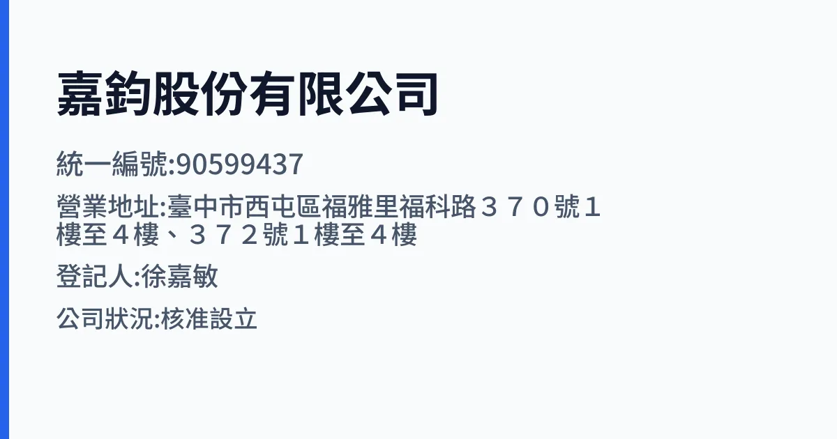 嘉鈞股份有限公司 - 統編 90599437(臺中市) 公司登記資料與營業項目詳細圖表