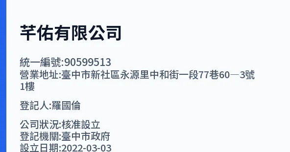 芊佑有限公司的照片-統編 90599513(臺中市) 公司登記資料與營業項目詳細圖表