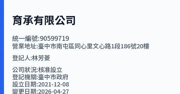 育承有限公司的照片-統編 90599719(臺中市) 公司登記資料與營業項目詳細圖表