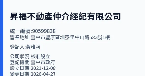 昇福不動產仲介經紀有限公司的照片-統編 90599838(臺中市) 公司登記資料與營業項目詳細圖表