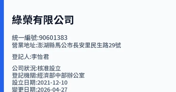 綠榮有限公司的照片-統編 90601383(澎湖縣) 公司登記資料與營業項目詳細圖表