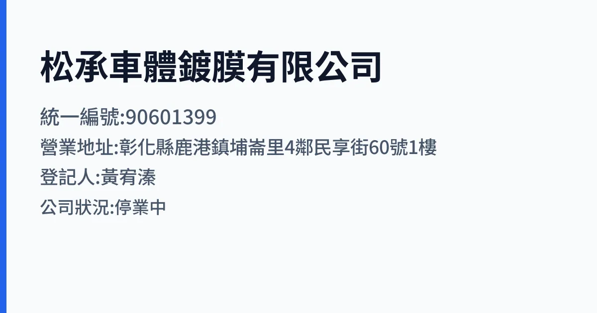 松承車體鍍膜有限公司 - 統編 90601399(彰化縣) 公司登記資料與營業項目詳細圖表