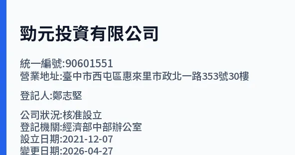 勁元投資有限公司的照片-統編 90601551(臺中市) 公司登記資料與營業項目詳細圖表