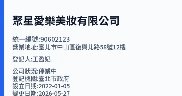 聚星愛樂美妝有限公司的照片-統編 90602123(臺北市) 公司登記資料與營業項目詳細圖表