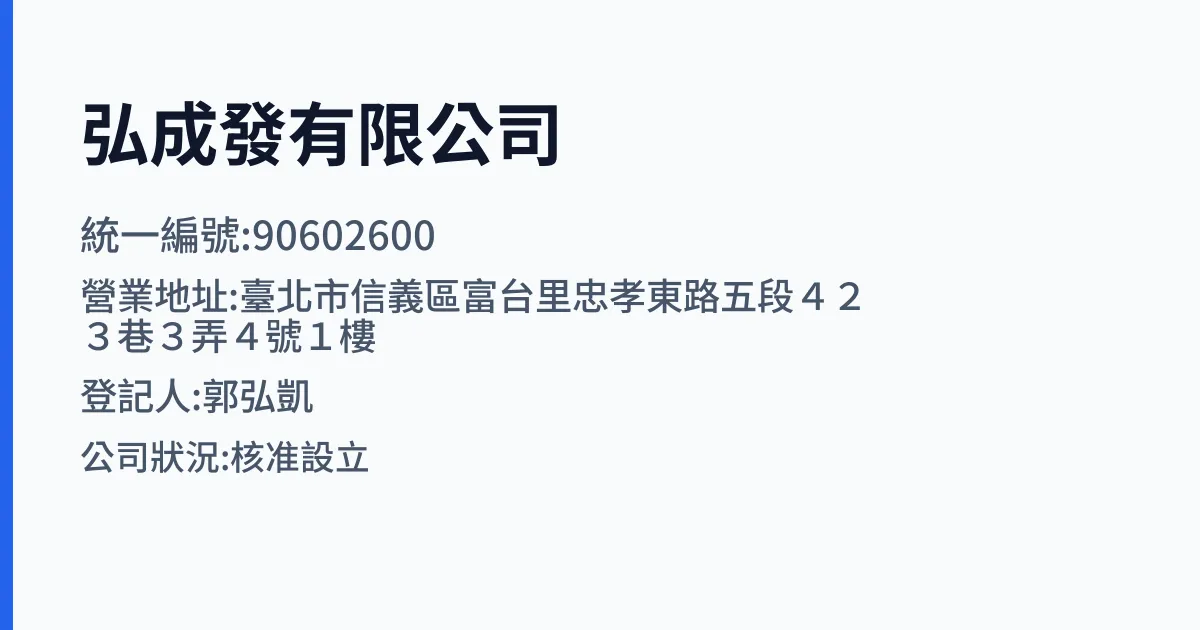 弘成發有限公司 - 統編 90602600(臺北市) 公司登記資料與營業項目詳細圖表