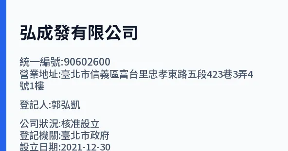 弘成發有限公司的照片-統編 90602600(臺北市) 公司登記資料與營業項目詳細圖表