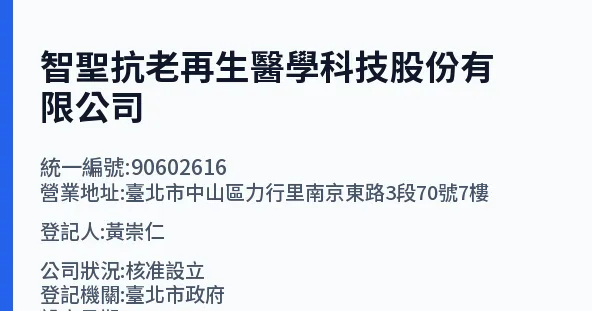 智聖抗老再生醫學科技股份有限公司的照片-統編 90602616(臺北市) 公司登記資料與營業項目詳細圖表