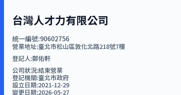 台灣人才力有限公司的照片-統編 90602756(臺北市) 公司登記資料與營業項目詳細圖表