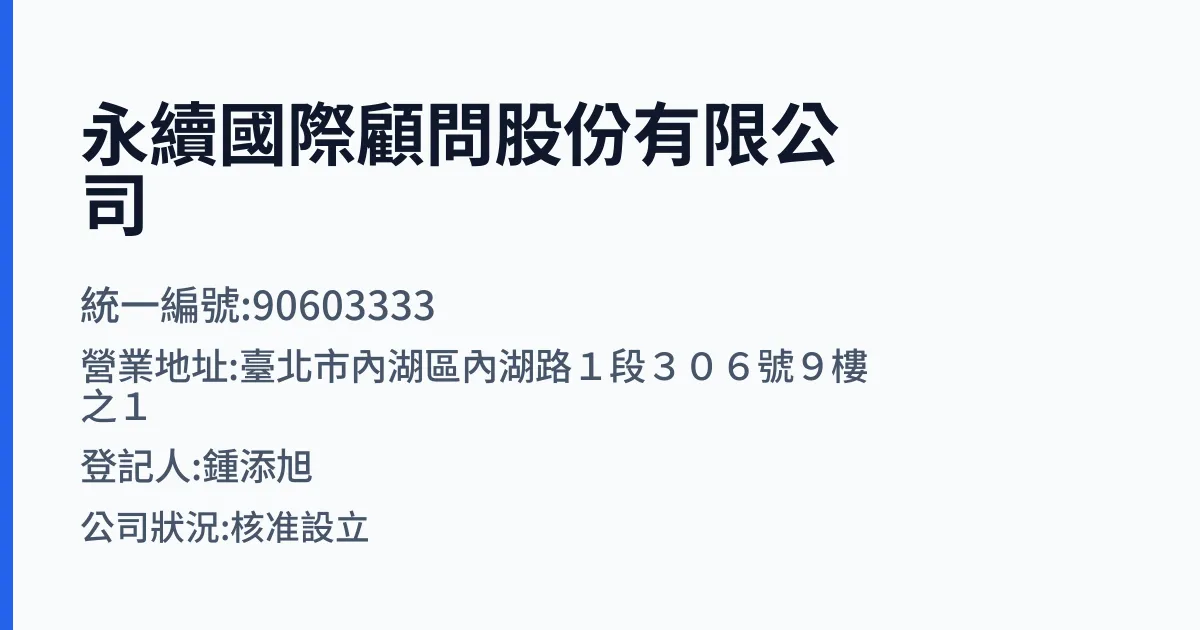 永續國際顧問股份有限公司 - 統編 90603333(臺北市) 公司登記資料與營業項目詳細圖表