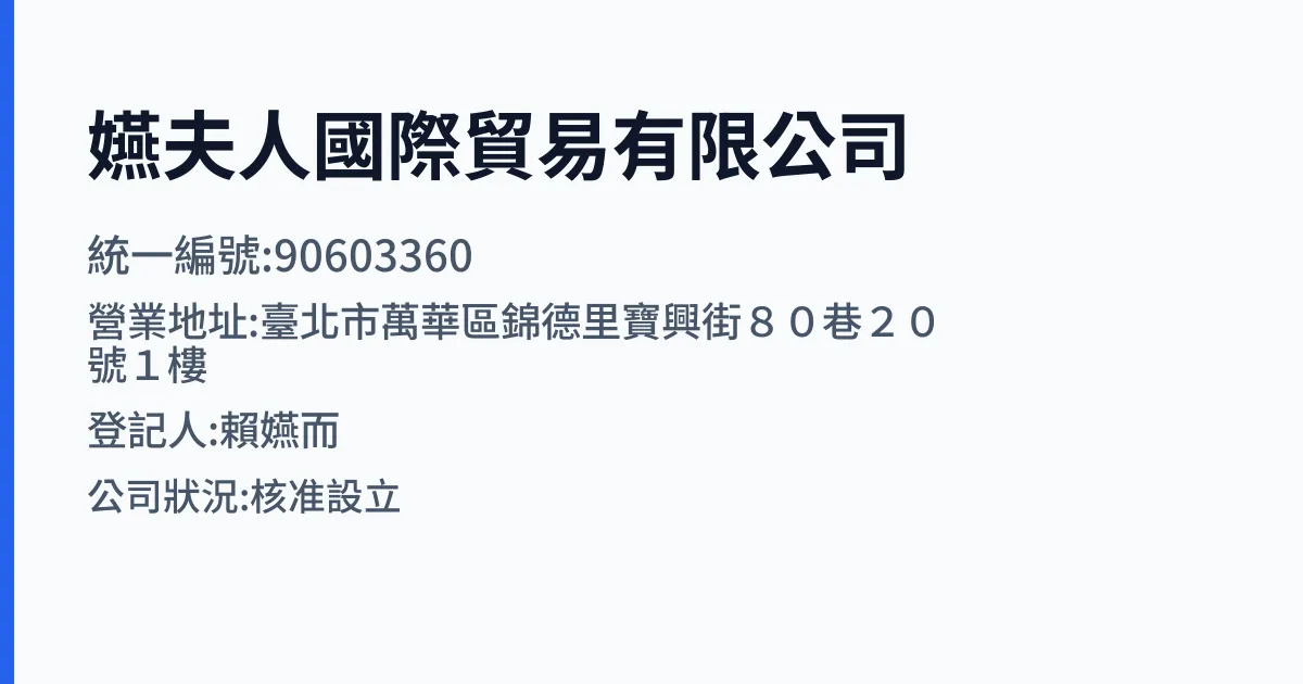 嬿夫人國際貿易有限公司 - 統編 90603360(臺北市) 公司登記資料與營業項目詳細圖表