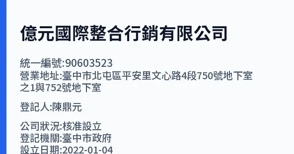 億元國際整合行銷有限公司的照片-統編 90603523(臺中市) 公司登記資料與營業項目詳細圖表