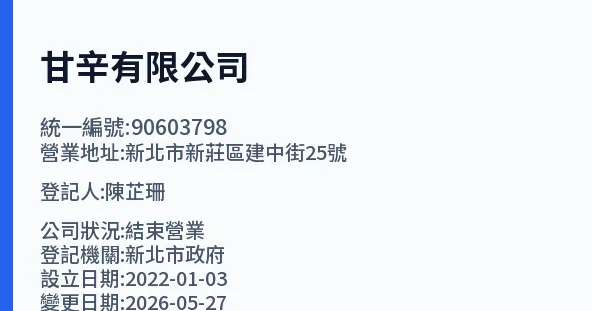 甘辛有限公司的照片-統編 90603798(新北市) 公司登記資料與營業項目詳細圖表