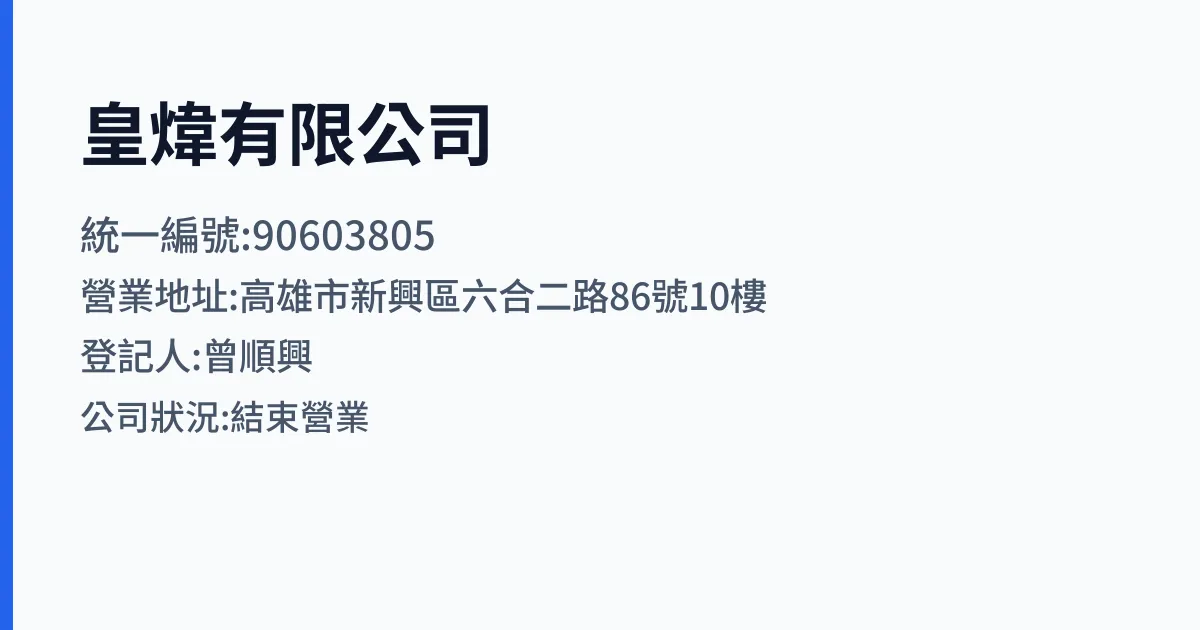 皇煒有限公司 - 統編 90603805(高雄市) 公司登記資料與營業項目詳細圖表