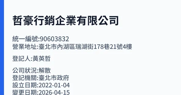 哲豪行銷企業有限公司的照片-統編 90603832(臺北市) 公司登記資料與營業項目詳細圖表