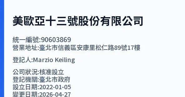 美歐亞十三號股份有限公司的照片-統編 90603869(臺北市) 公司登記資料與營業項目詳細圖表