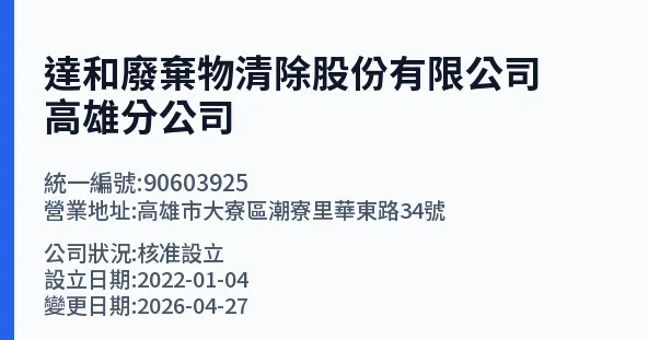 達和廢棄物清除股份有限公司高雄分公司的照片-統編 90603925(高雄市) 公司登記資料與營業項目詳細圖表