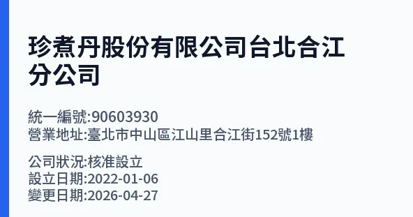 珍煮丹股份有限公司台北合江分公司的照片-統編 90603930(臺北市) 公司登記資料與營業項目詳細圖表