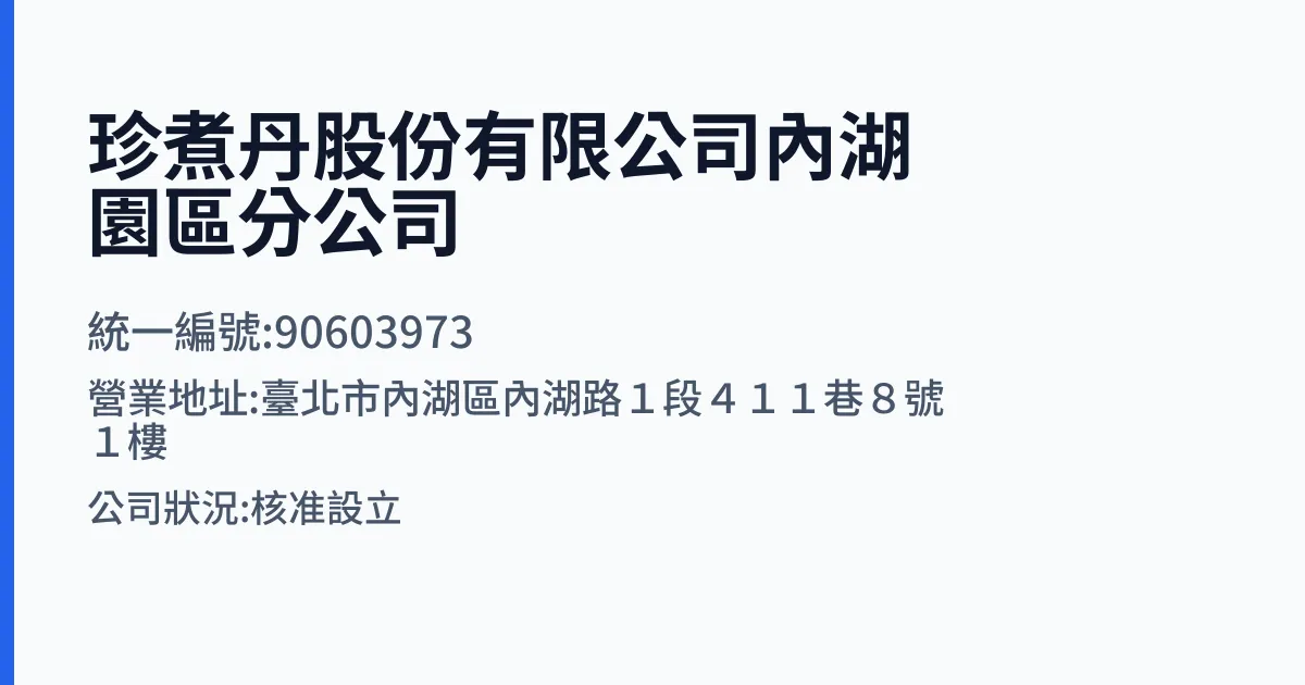 珍煮丹股份有限公司內湖園區分公司 - 統編 90603973(臺北市) 公司登記資料與營業項目詳細圖表