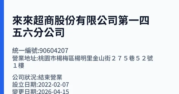 來來超商股份有限公司第一四五六分公司的照片-統編 90604207(桃園市) 公司登記資料與營業項目詳細圖表