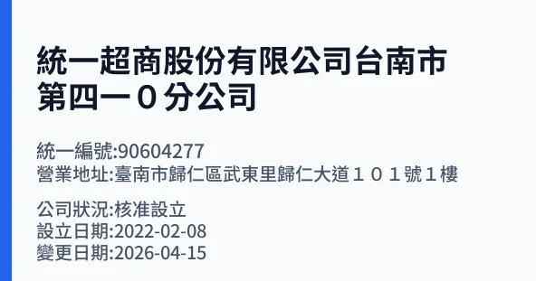 統一超商股份有限公司台南市第四一０分公司的照片-統編 90604277(臺南市) 公司登記資料與營業項目詳細圖表