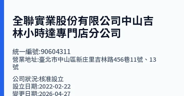 全聯實業股份有限公司中山吉林小時達專門店分公司的照片-統編 90604311(臺北市) 公司登記資料與營業項目詳細圖表