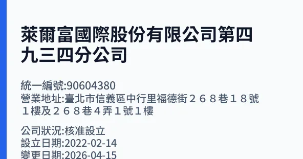 萊爾富國際股份有限公司第四九三四分公司的照片-統編 90604380(臺北市) 公司登記資料與營業項目詳細圖表