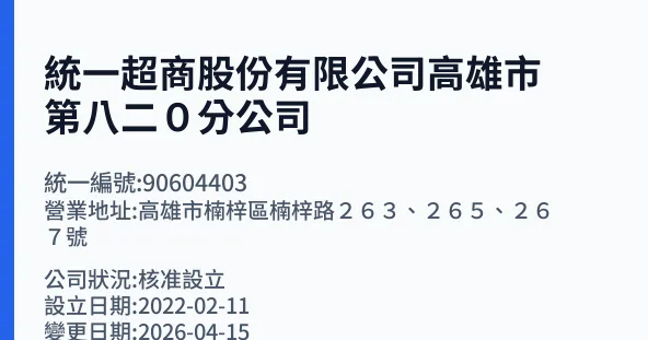 統一超商股份有限公司高雄市第八二０分公司的照片-統編 90604403(高雄市) 公司登記資料與營業項目詳細圖表